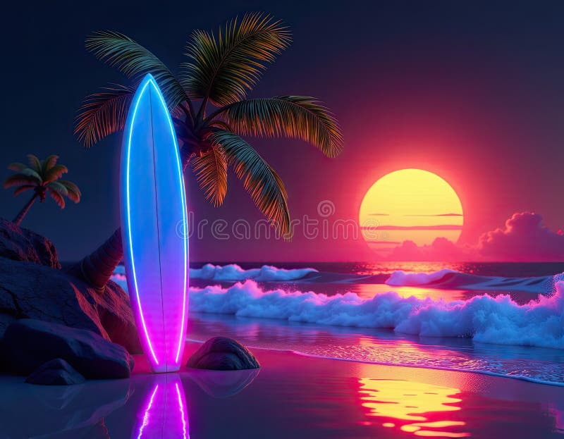 Neon Surfboard at Sunset on Tropical Beach - 80s Retro Vibe Stock ...