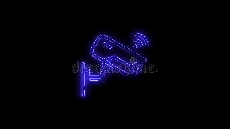 Neon Surveillance Camera Icon with Wi-Fi Symbol on Black Background ...