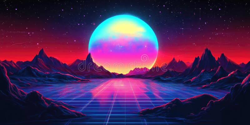 Neon Synthwave City at Night Seen from Rooftop with Glowing Signs and ...