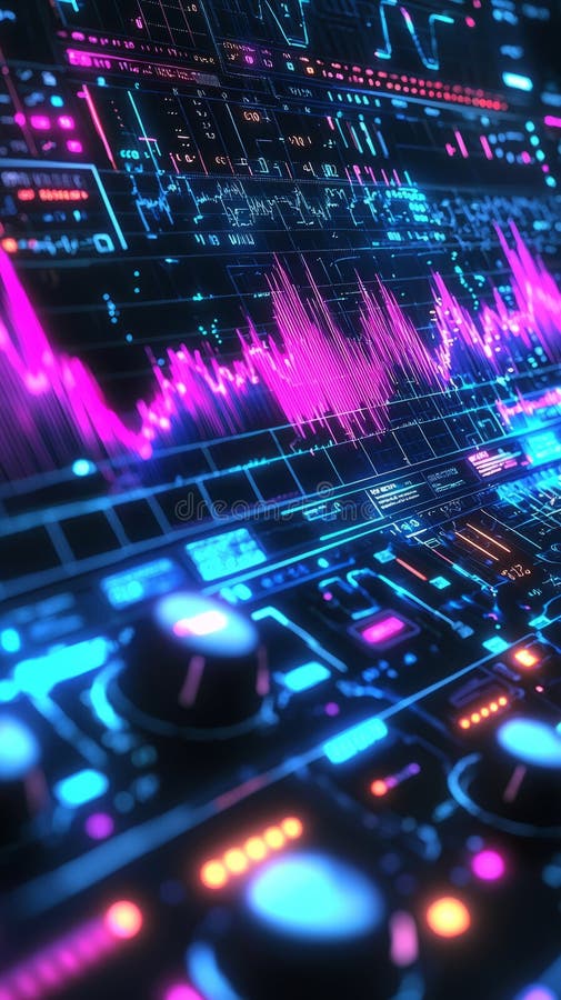 Neon Synthwave Control Panel, Futuristic Digital Audio Interface Stock ...