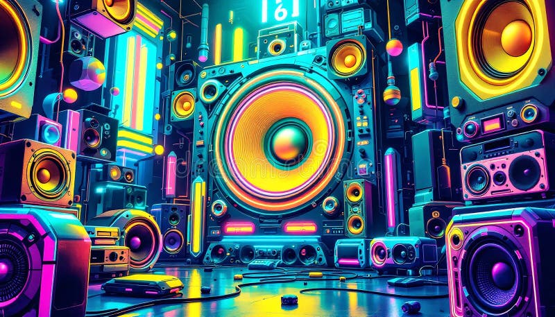 Neon Synthwave Music Studio: Vibrant 80s Retro Boombox and Speaker ...