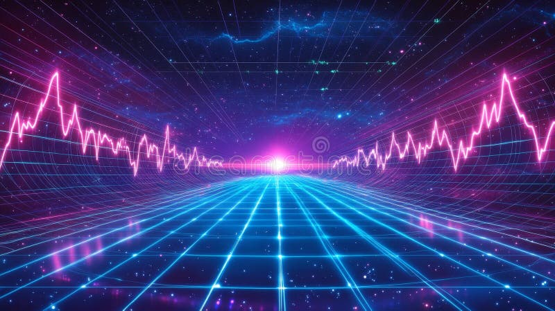 Neon Synthwave Retro Grid with Glowing EKG Heartbeat Design, Synthwave ...