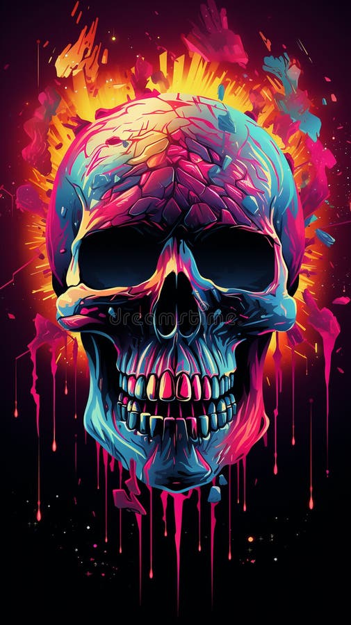 Neon Synthwave Skull Exploding into Shining Polygons - 3D Illustration ...