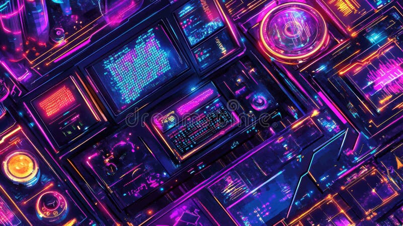 Neon Synthwave Tech Wall stock illustration. Illustration of ...