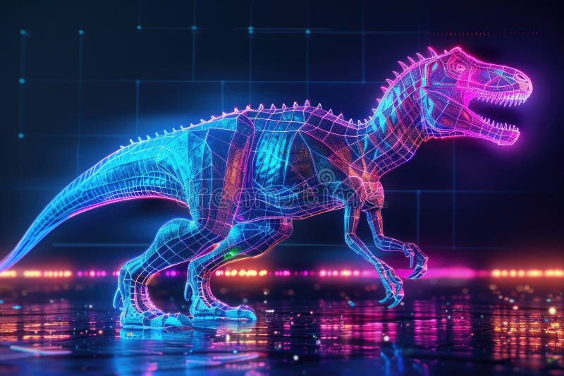 A Neon T-Rex Walking Across a Wet Surface. Suitable for Various Designs ...