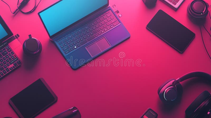 Neon Tech Gadgets 3D Illustration Stock Illustration - Illustration of ...