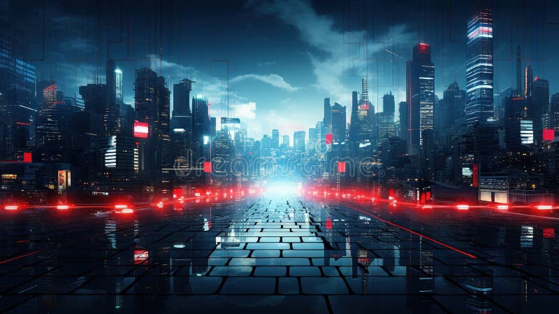 Neon Technology City Business Concept with Skyscraper Buildings and ...