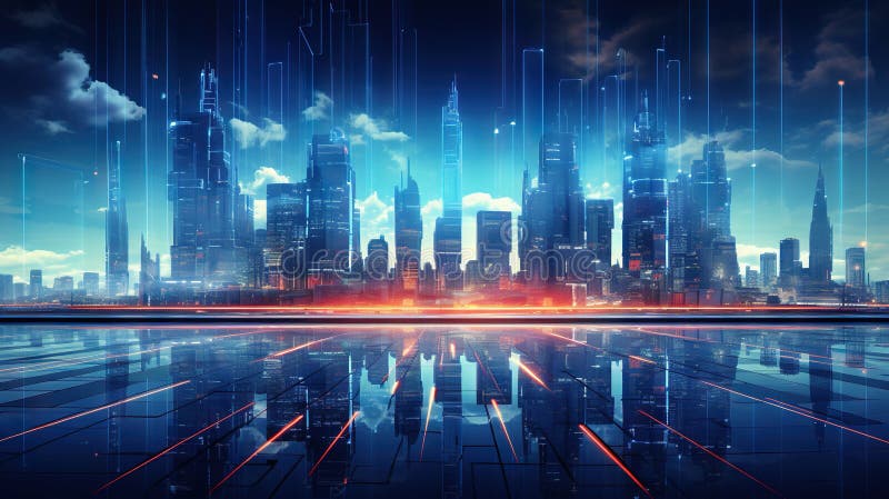 Neon Technology City Business Concept with Skyscraper Buildings and ...