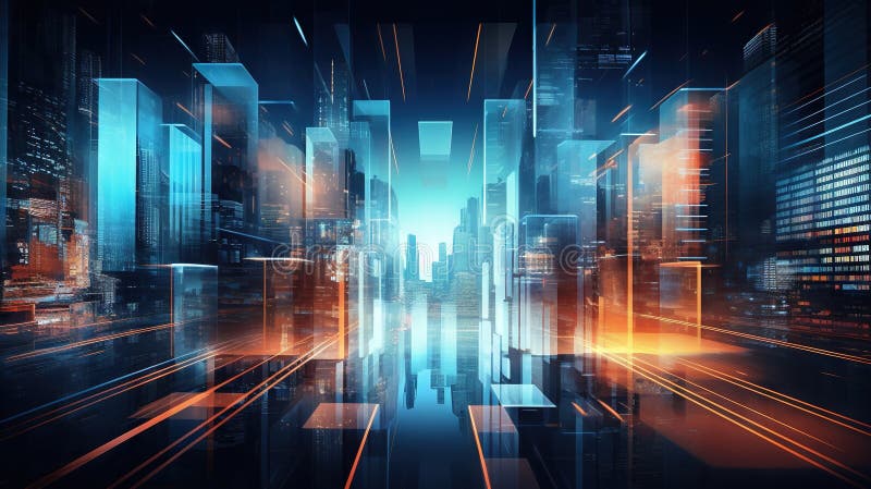 Neon Technology City Business Concept with Skyscraper Buildings and ...