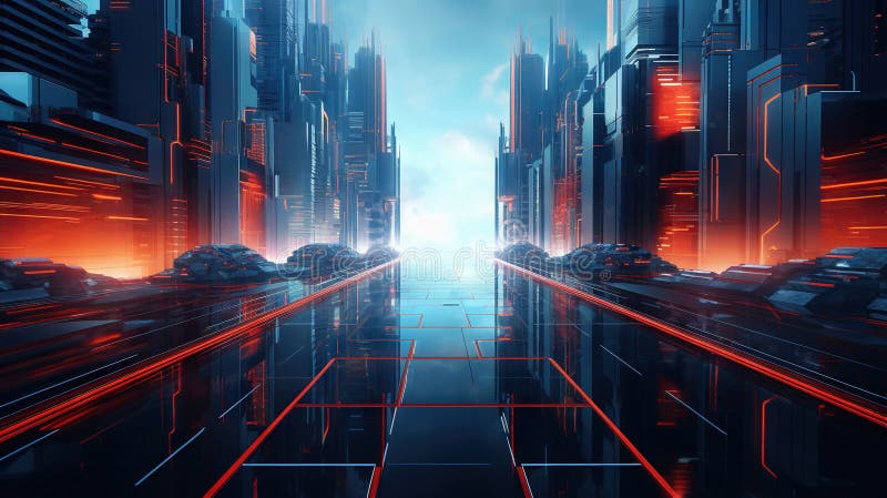 Neon Technology City Business Concept with Skyscraper Buildings and ...