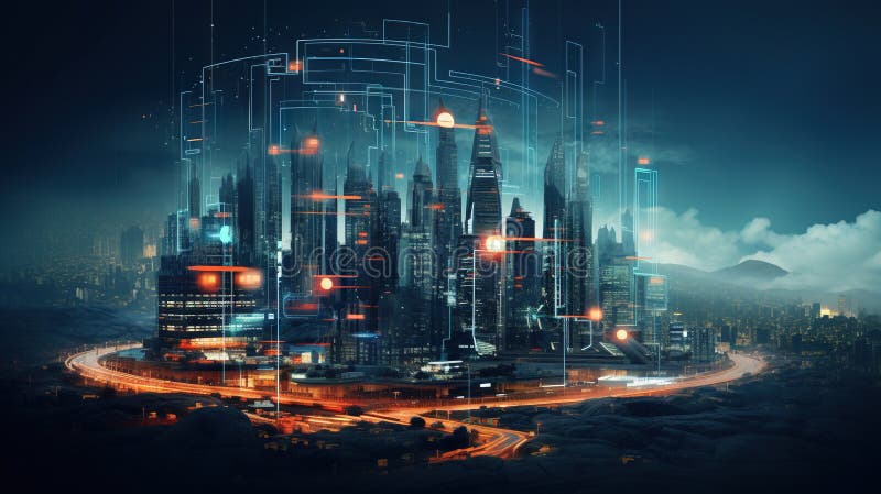 Neon Technology City Business Concept with Skyscraper Buildings and ...