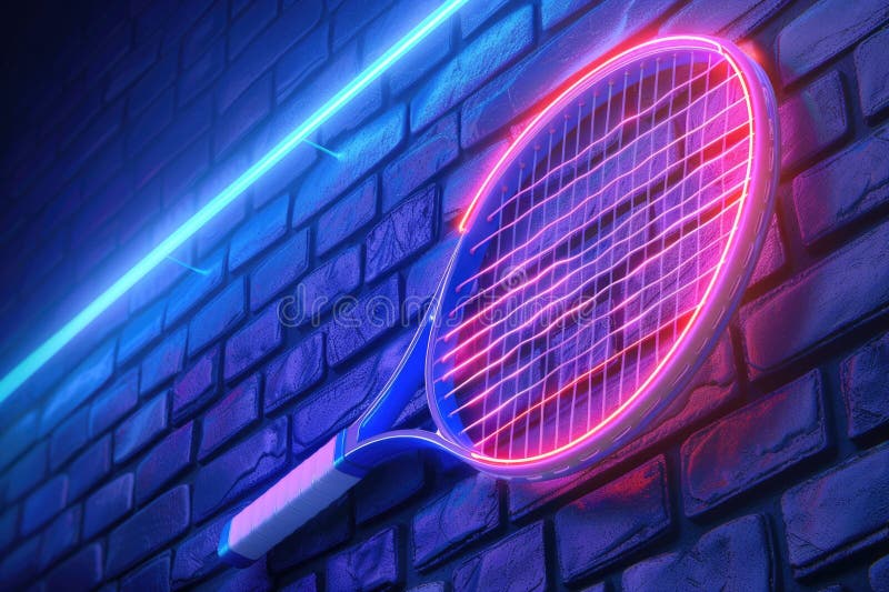 A Neon Tennis Racket Leaning Against a Brick Wall with a Modern Urban ...