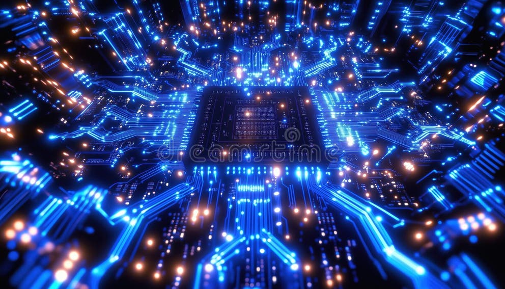 Neon Theme Visualization of Circuit Board Cpu Processor Initiating Digitalization Process and ...