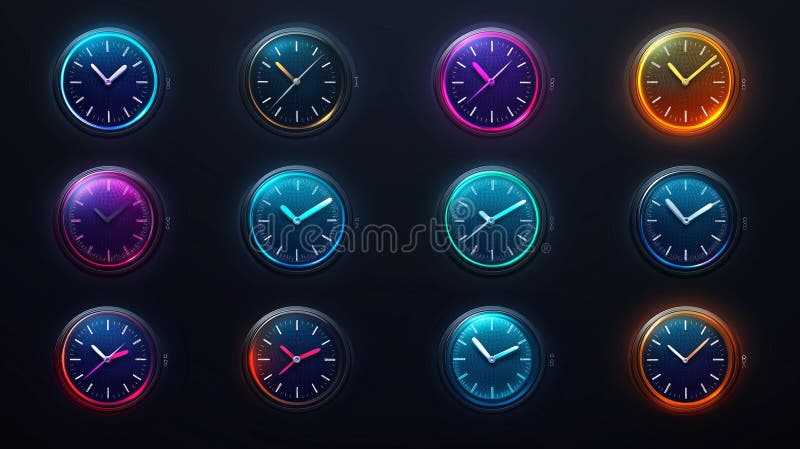 Neon-themed Clock Set with Different Colored Lights on a Dark ...