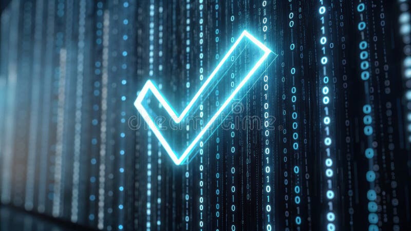 Neon Tick Mark Hovering Weightlessly in a Digital Space Symbolizing ...