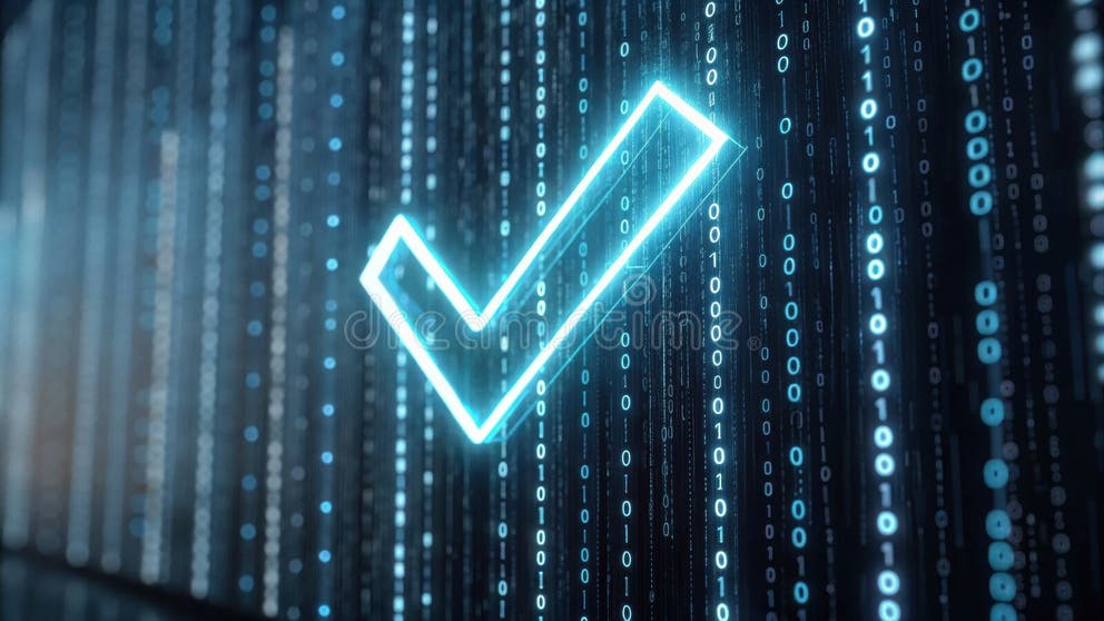 Neon Tick Mark Hovering Weightlessly in a Digital Space Symbolizing ...