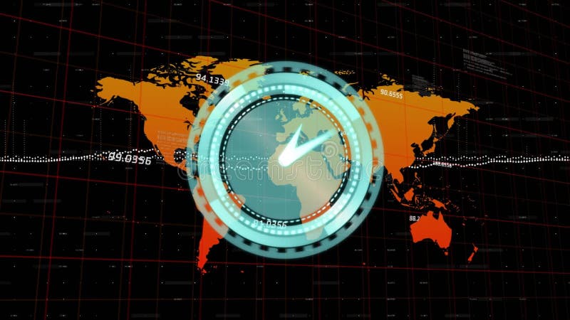 Neon Ticking Clock and Multiple Changing Numbers Floating Over World Map Against Black ...