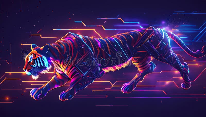 Neon Tiger on Dark Backdrop in Blue Light, Event with a Terrestrial ...