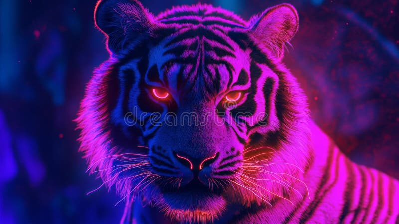 Neon Tiger in Dark Forest Digital Art Stock Illustration - Illustration ...