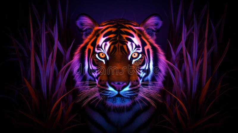 Neon Tiger Head in Vibrant Field: a Mesmerizing Junglecore Artwork ...