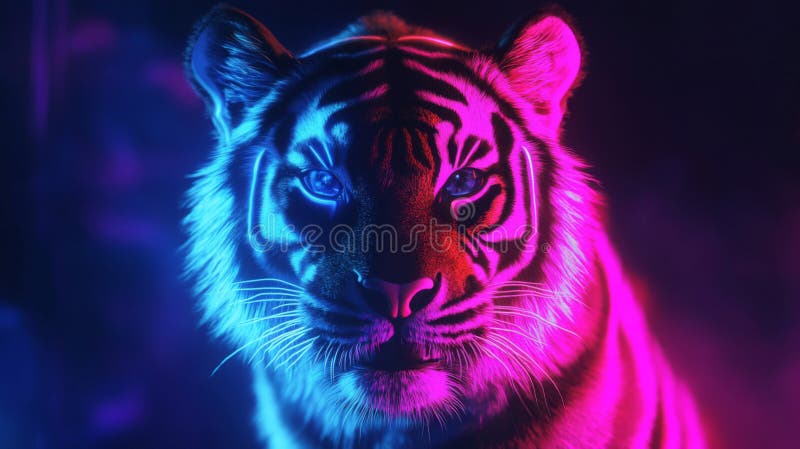 Neon Tiger Portrait in Vibrant Pink and Blue Light Stock Illustration ...