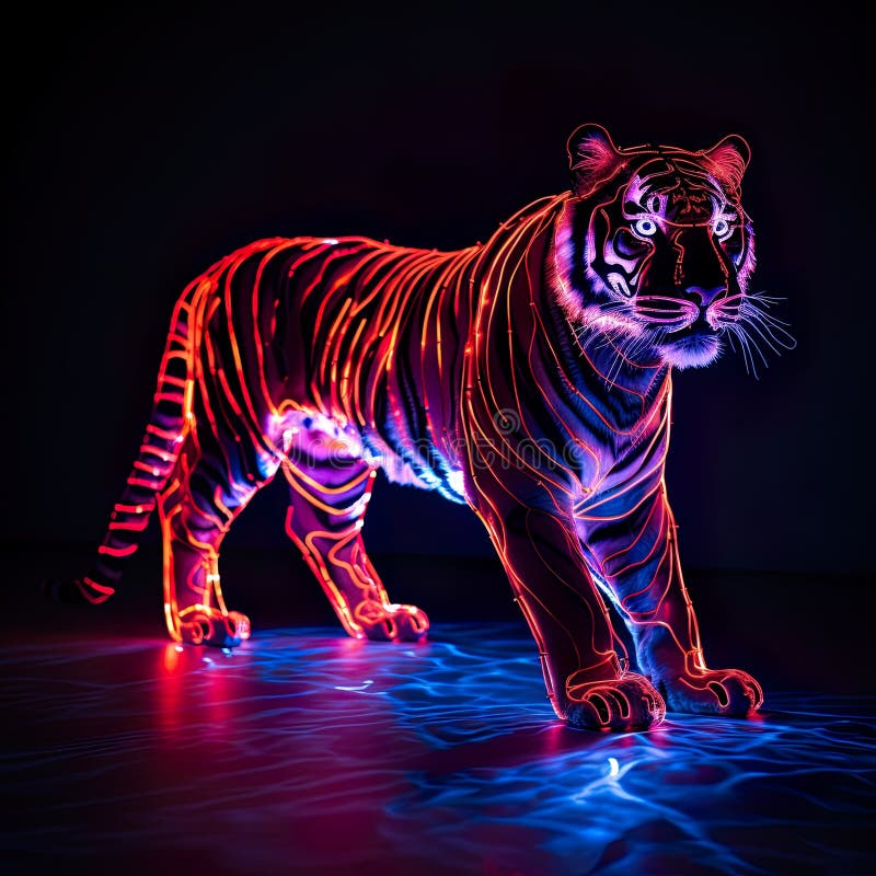 Neon Tiger Set Against a Dramatic Black Background. Stock Illustration ...