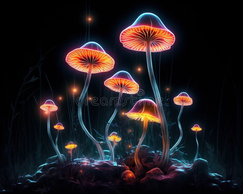 Neon Toadstools Glow in the Dark. Stock Illustration - Illustration of ...