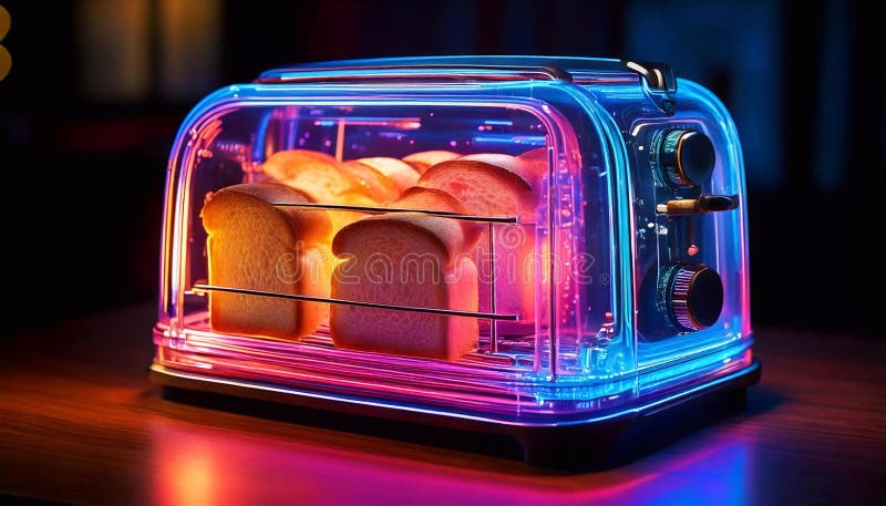 Neon Toaster with Glowing Bread Illuminating a Dark Kitchen Setting at ...