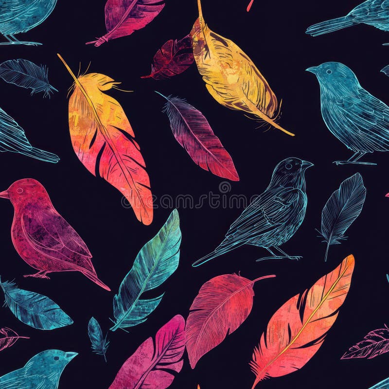 Neon-Toned Birds and Feathers Pattern on Dark Background Stock Image ...