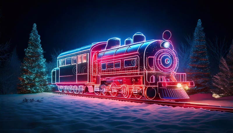 A Neon Train Glows among Winter Trees and Snow, Creating a Magical ...