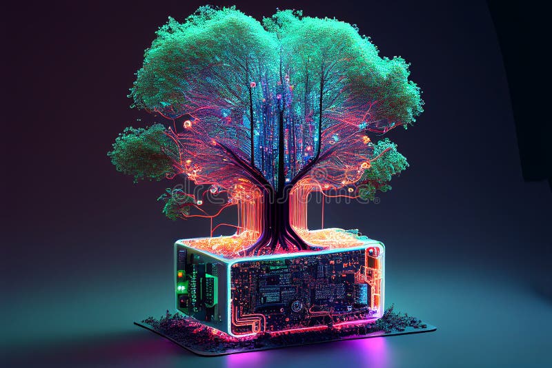 Neon Tree on a Computer Chip. Created with Generative Ai Technology ...