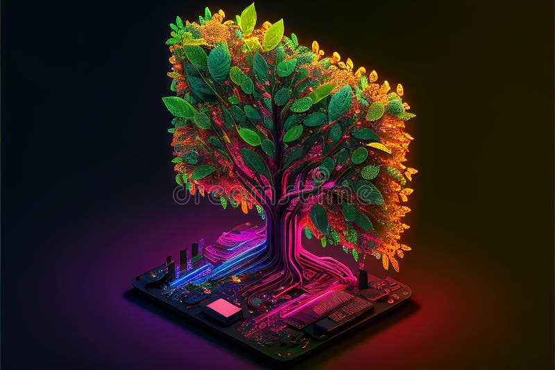 Neon Tree on a Computer Chip. Created with Generative Ai Technology ...