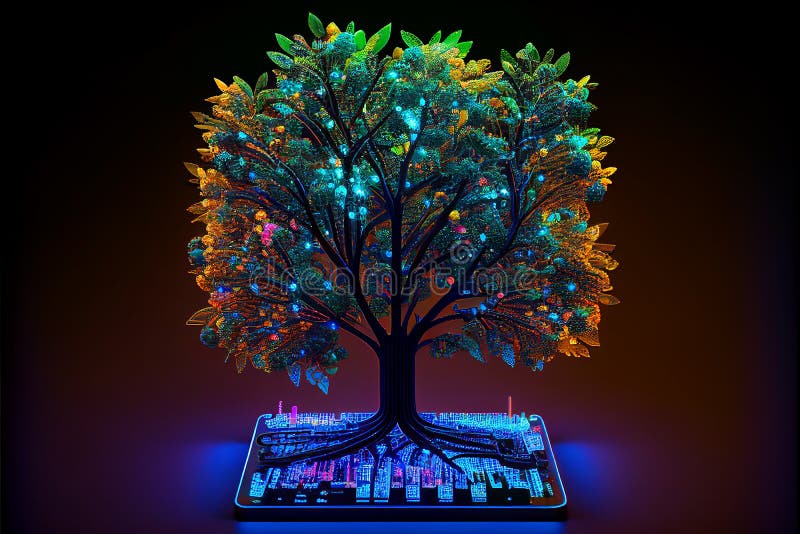 Neon Tree on a Computer Chip. Created with Generative Ai Technology ...
