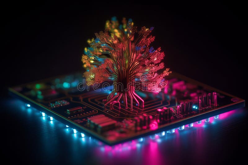 Neon Tree Computer Chip. Generate Ai Stock Illustration - Illustration ...