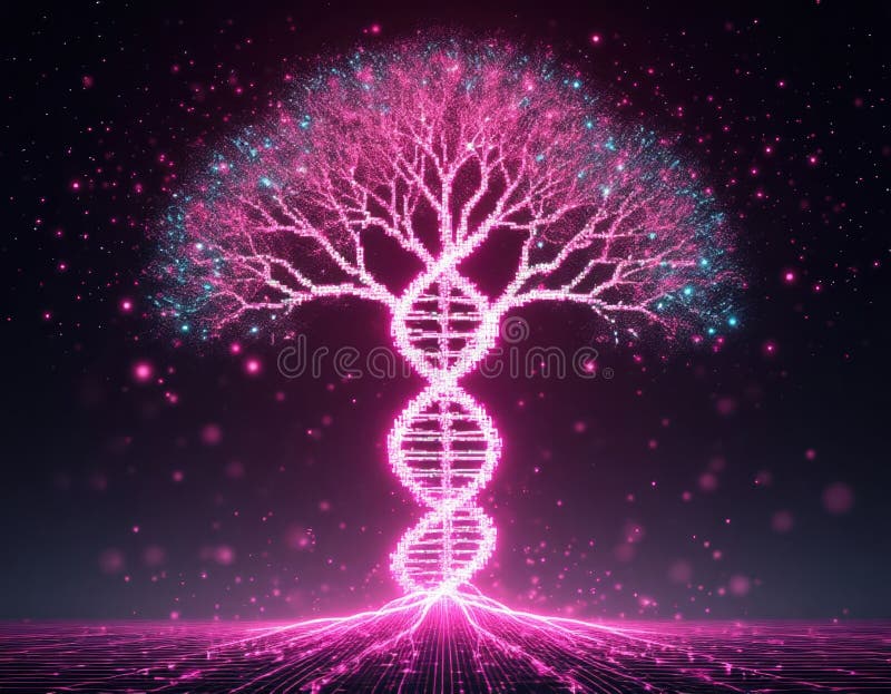 A Neon Tree Grows from a Glowing DNA Spiral, Merging Evolution and Code ...