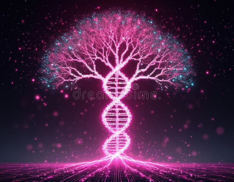 A Neon Tree Grows from a Glowing DNA Spiral, Merging Evolution and Code ...