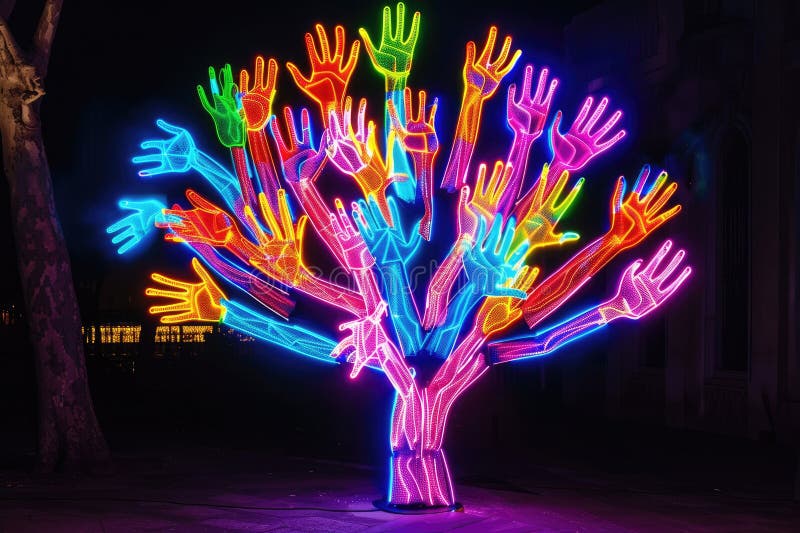 Neon Tree with Hands in Different Skin Tones Symbolizing Unity Stock ...