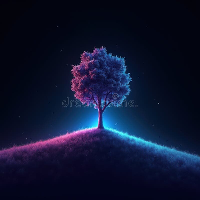 Neon Tree on Hilltop at Night Stock Illustration - Illustration of ...