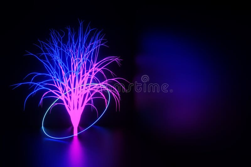 Neon Tree with a Ring in a Dark Room at Night. Stock Illustration ...