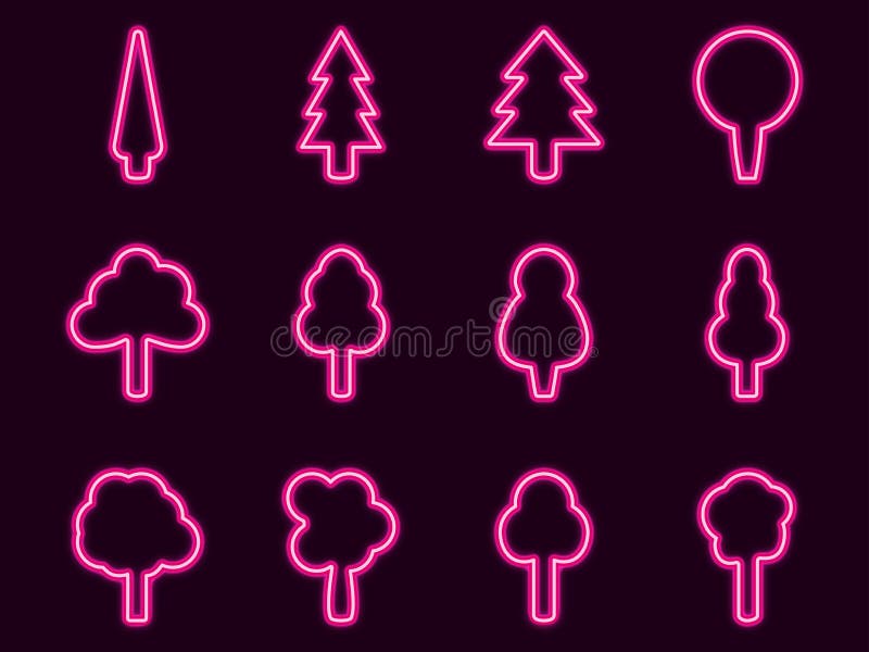 Neon Trees Set. Glowing Sign Stock Vector - Illustration of isolated ...