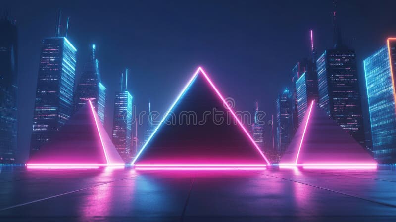 Neon Triangle in the City with Skyscrapers and Neon Lights, AI Stock ...