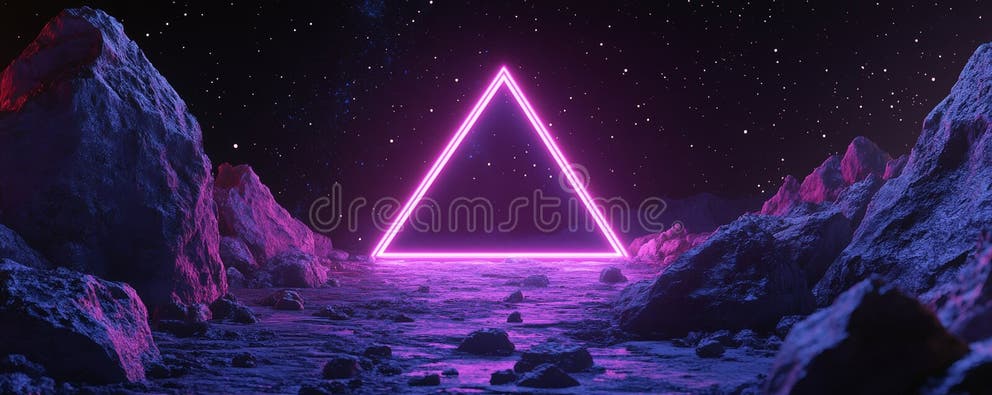 A Neon Triangle Frame Surrounded by Pyramids is Situated in a Cosmic ...