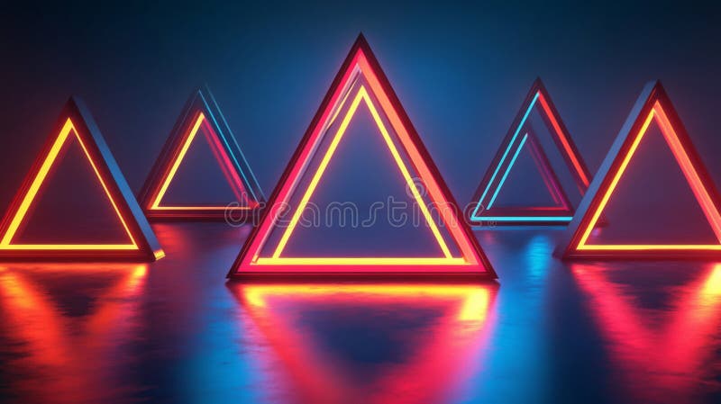 Neon Triangle Frames Illuminate Dark Reflective Surface Stock ...