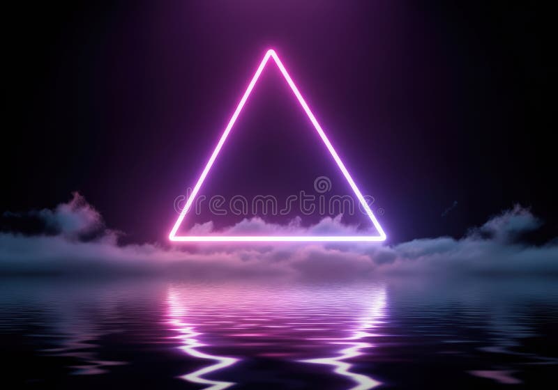Neon Triangle Glowing Above a Reflective Water Surface with Clouds ...