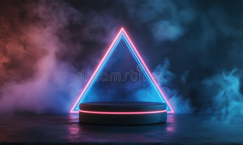 Neon Triangle with Glowing Edges and Circular Platform in Smoky ...