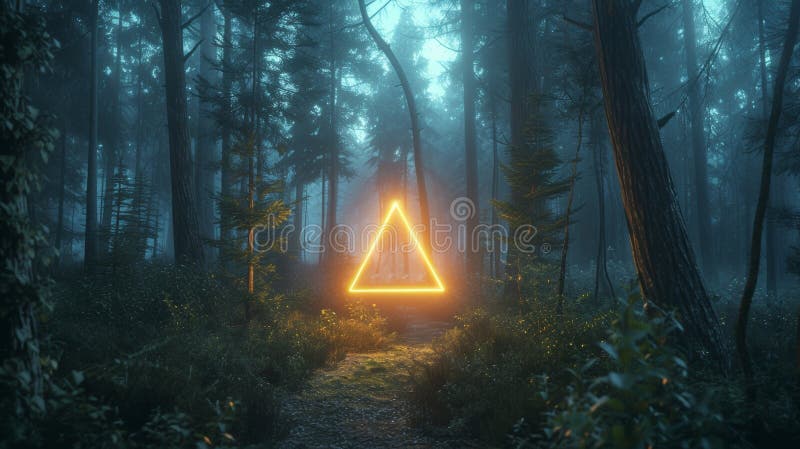 Neon Triangle Glowing in a Misty Forest at Night Stock Photo - Image of ...
