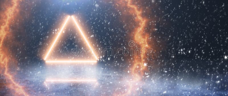 Neon Triangle and Light Against the Backdrop of Winter. Fire Circle ...