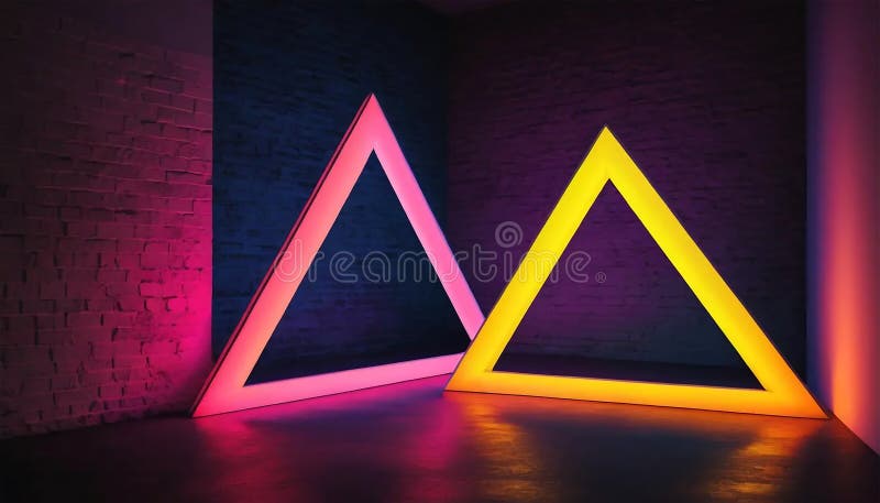 Neon Triangle Lights in Dark Brick Room - Abstract Geometric Background ...