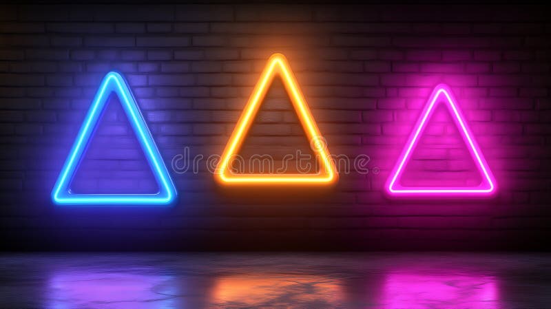 Neon Triangle Lights Illuminate Brick Wall Background Stock Photos ...