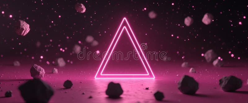 Neon Triangle Portal in Pink Space with Asteroids Stock Image - Image ...